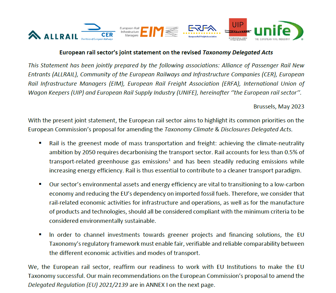 European Rail Sectors Joint Statement On The Revised Taxonomy Delegated Acts Unife