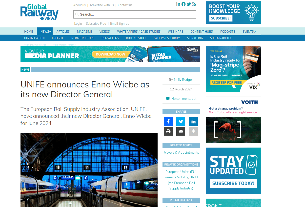UNIFE announces Enno Wiebe as its new Director General (Global Railway ...