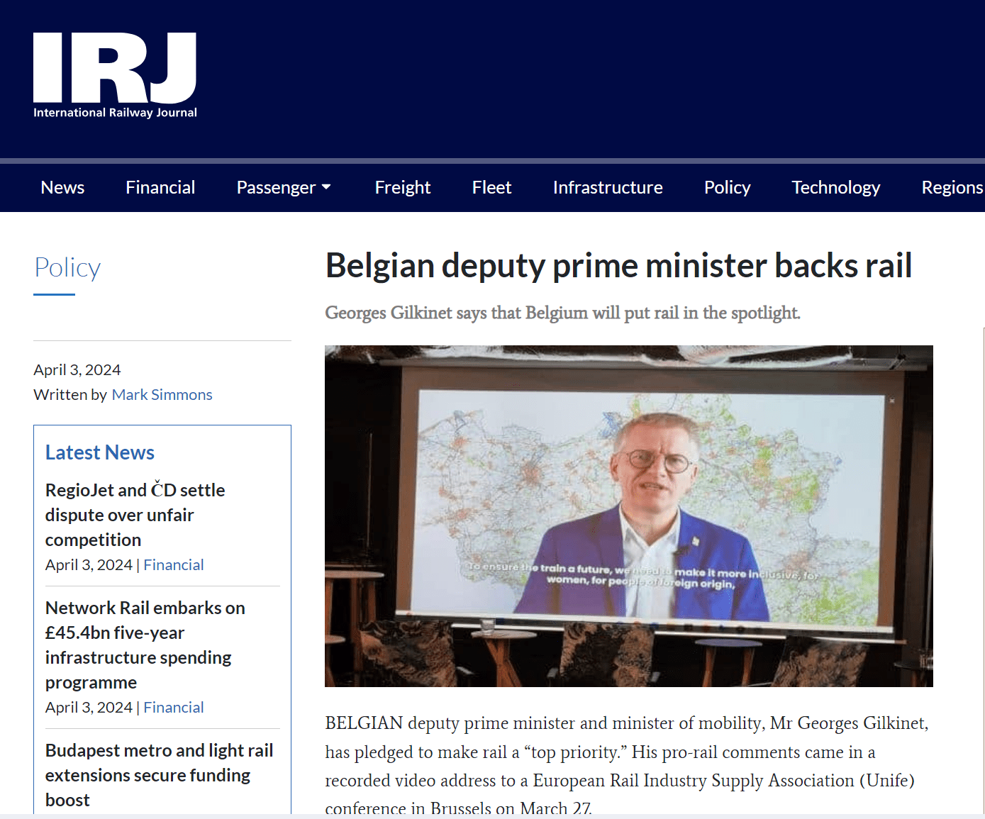Belgian deputy prime minister backs rail (IRJ) - UNIFE