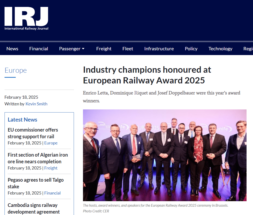 Industry champions honoured at European Railway Award 2025 (IRJ) - UNIFE