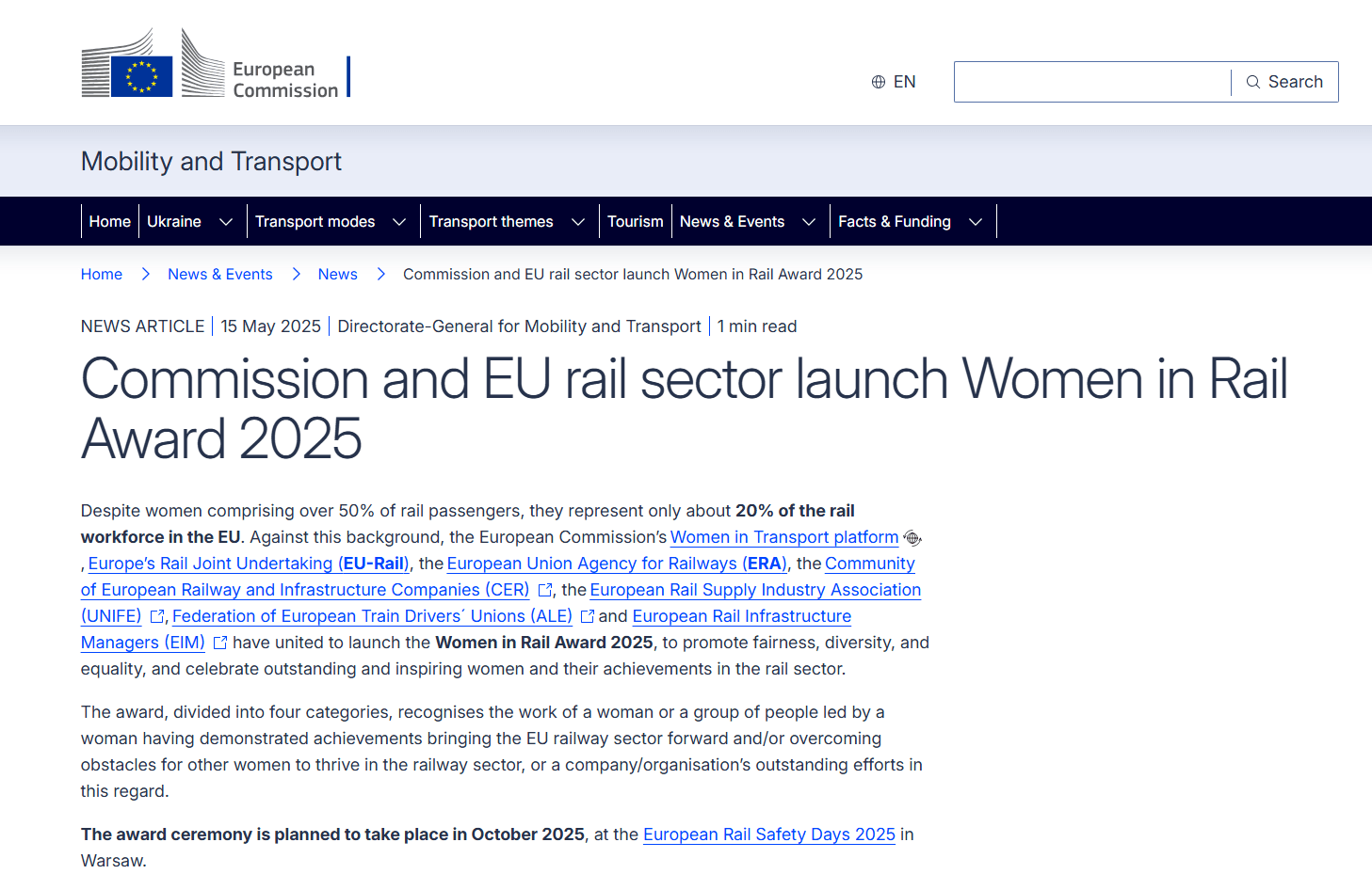 Commission and EU rail sector launch Women in Rail Award 2025 (European Commission) - UNIFE