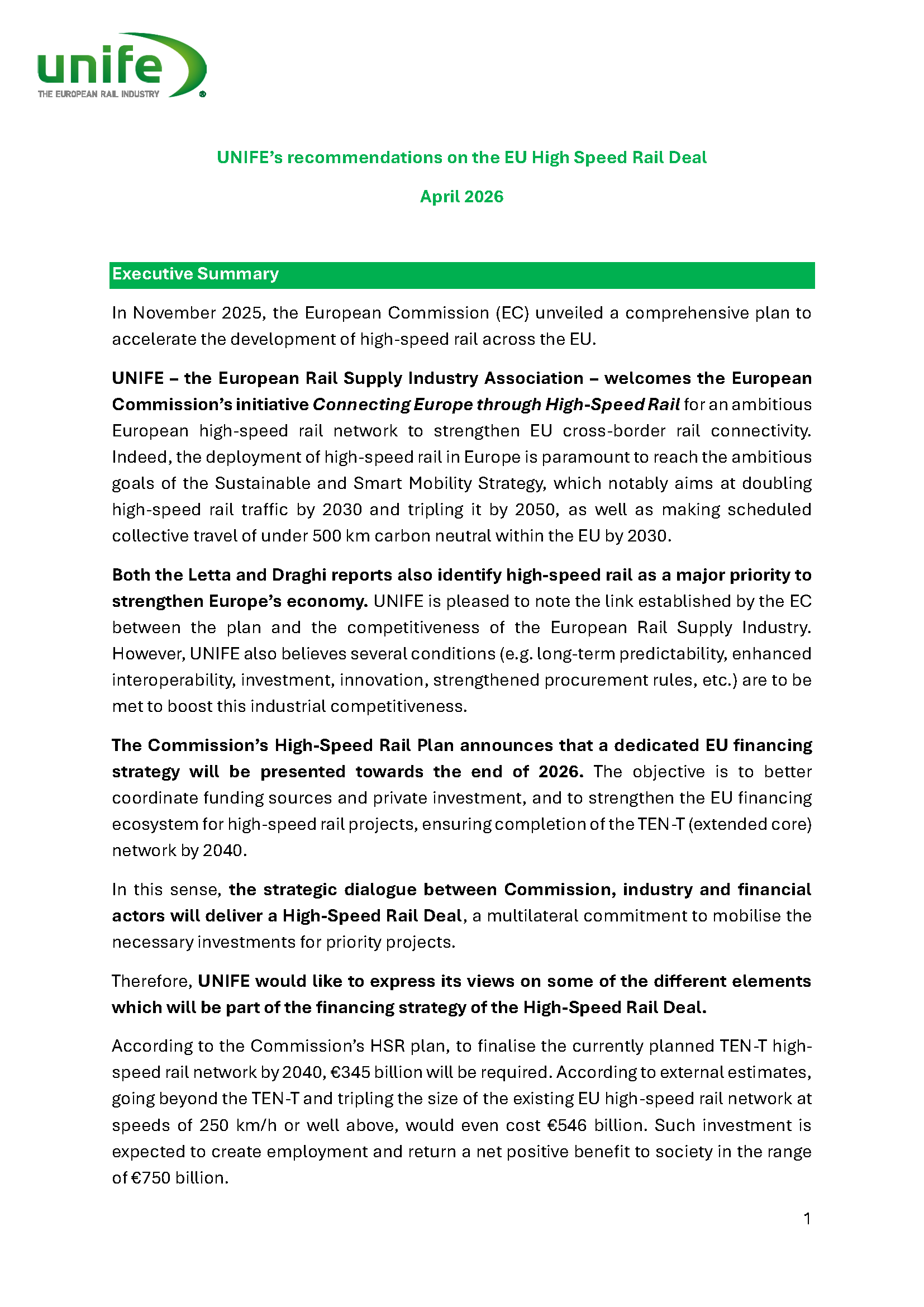 UNIFE’s recommendations on the EU High Speed Rail Deal - UNIFE